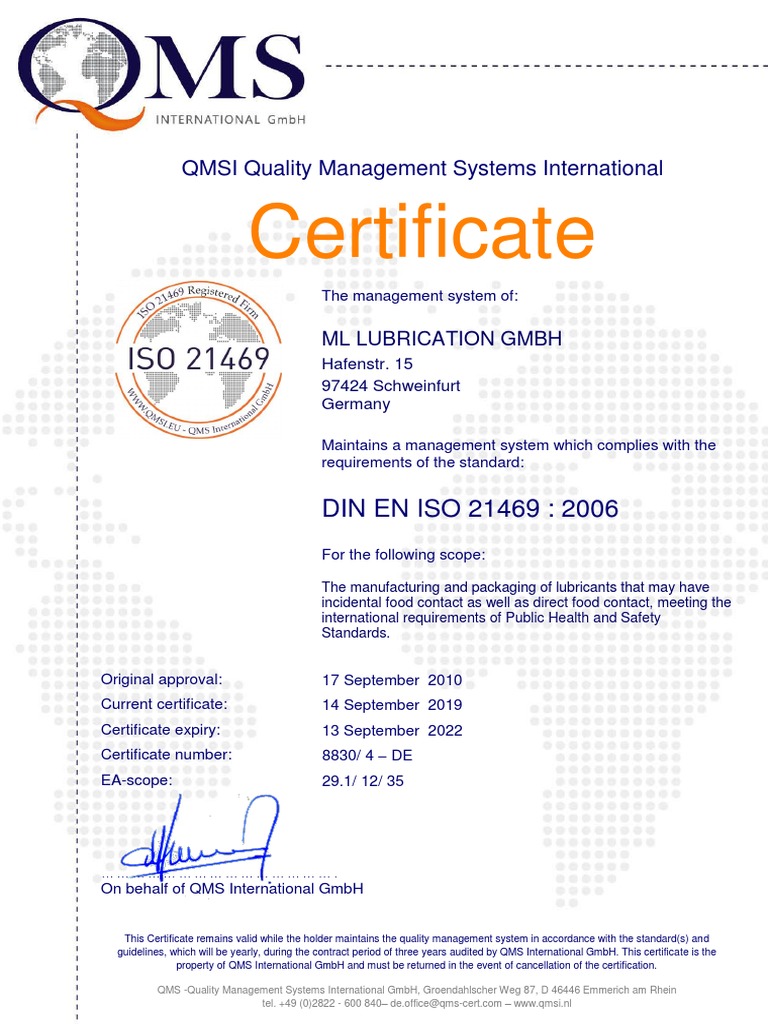 ISO 21469 - M L LUBRICATION GMBH - Exp 2022 | PDF