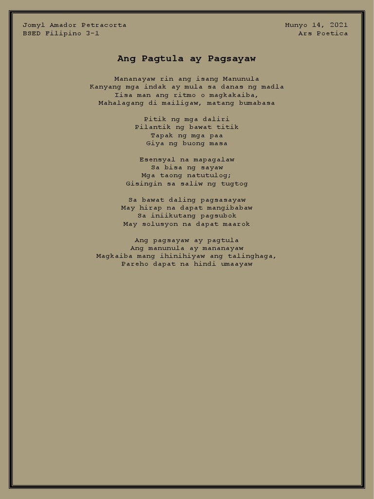 Pagtula Ay Pagsayaw - Ars Poetica | PDF