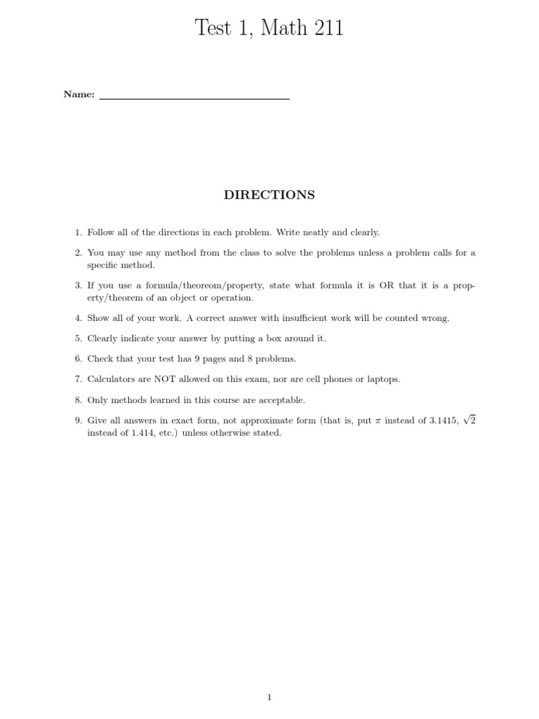 Test 1, Math 211: Directions | PDF | Plane (Geometry) | Equations