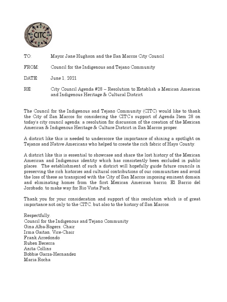 Council For The Indigenous and Tejano Community Letter of Support | PDF ...