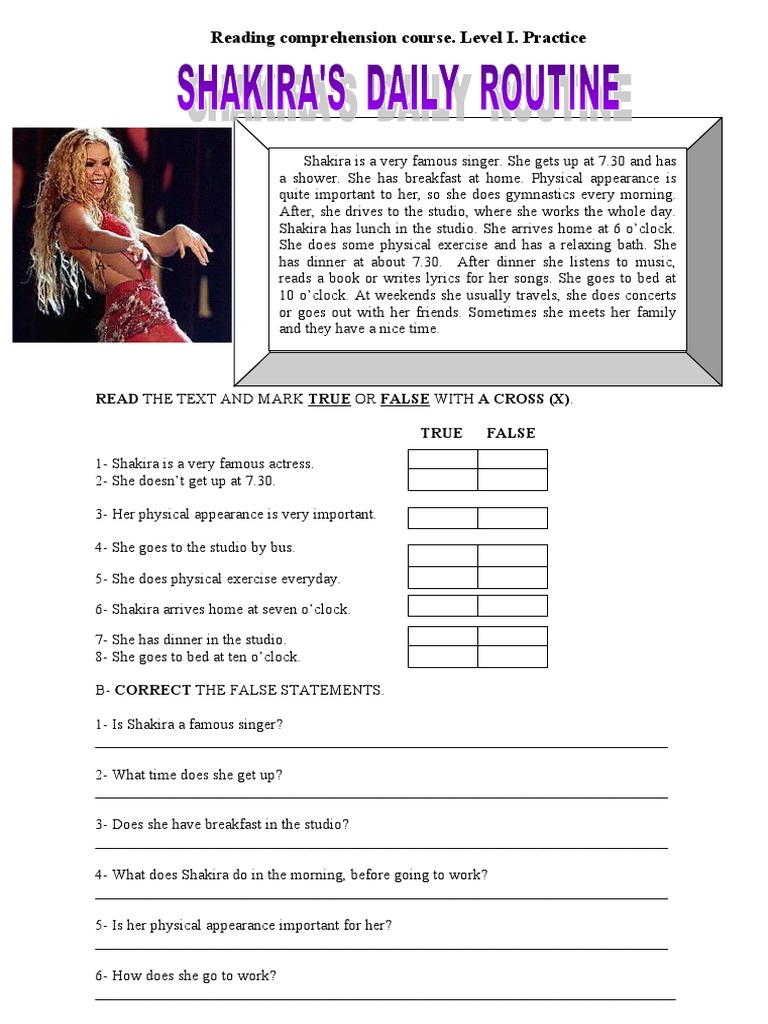 Shakira S Daily Routine Test or Worksheet | PDF