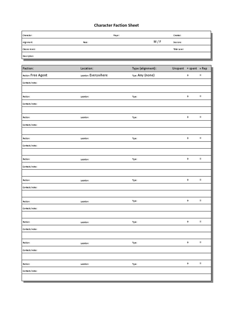 Character Faction Sheet: Free Agent Everywhere Any (None) + | PDF
