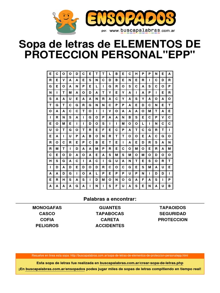 Sopa de Letras de Elementos de Proteccion Personalepp | PDF