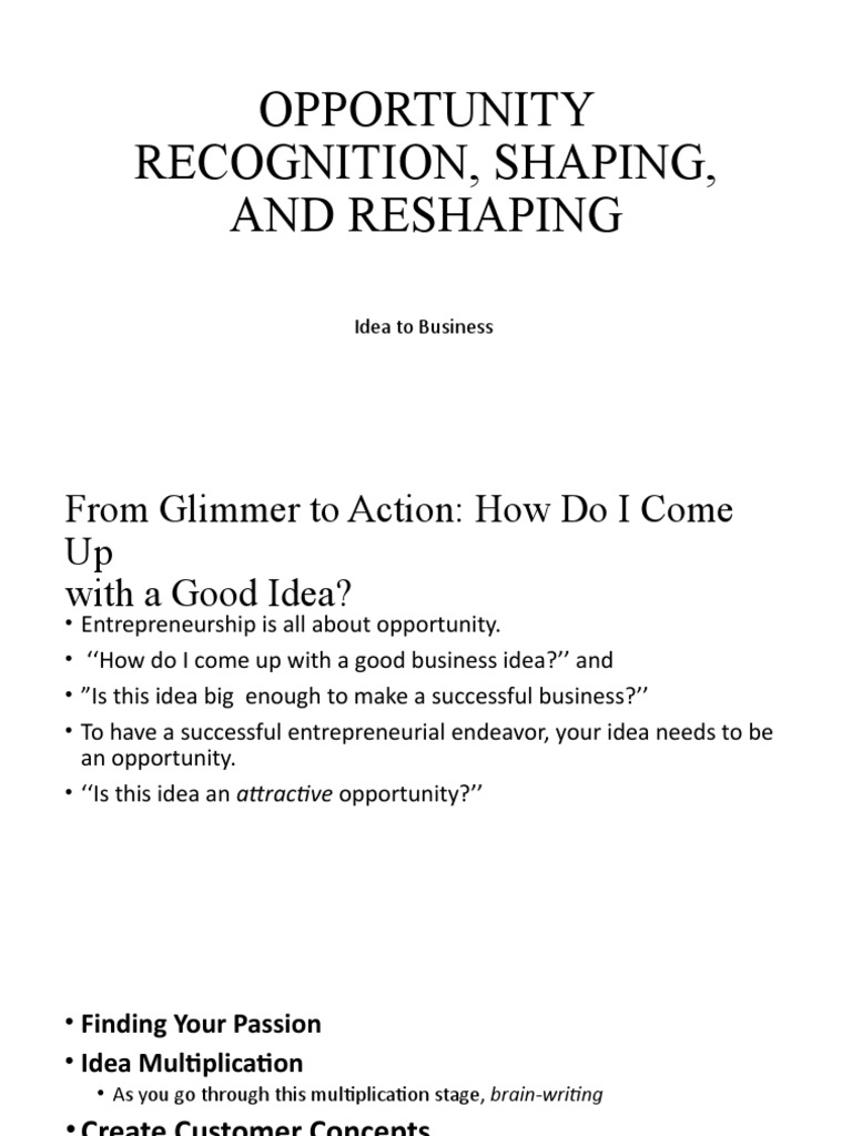 Opportunity Recognition, Shaping, and Reshaping: Idea To Business | PDF