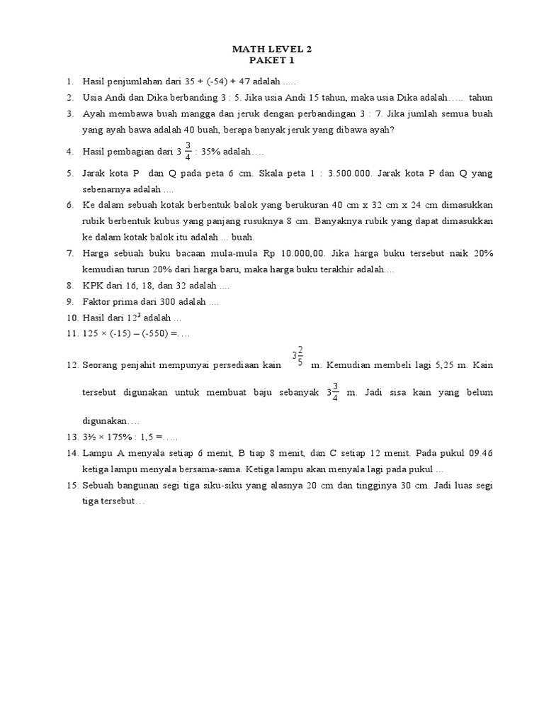 Soal Matematika Level 2 Paket 1-3 | PDF | Metode & Bahan Ajar