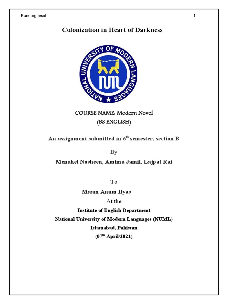 Colonization in Heart of Darkness: COURSE NAME: Modern Novel (Bs ...