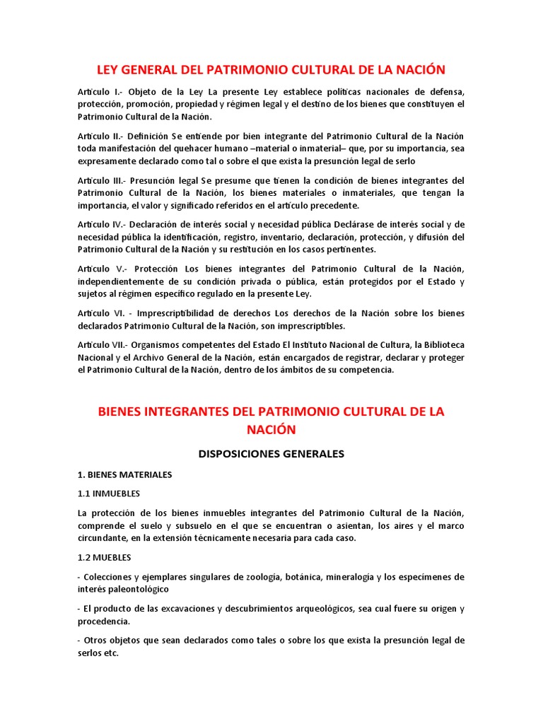 Ley General Del Patrimonio Cultural de La Nación | PDF | Bienes (Ley) | Patrimonio cultural