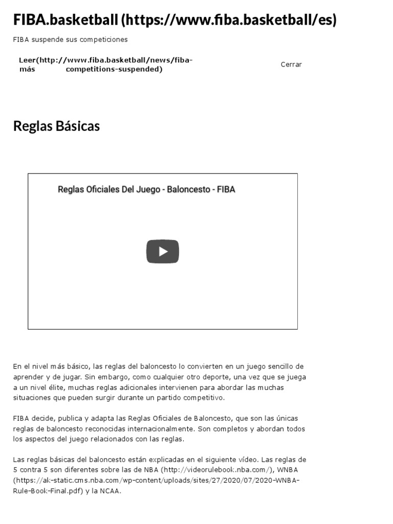 Reglas Básicas - FIBA - Basketball | PDF