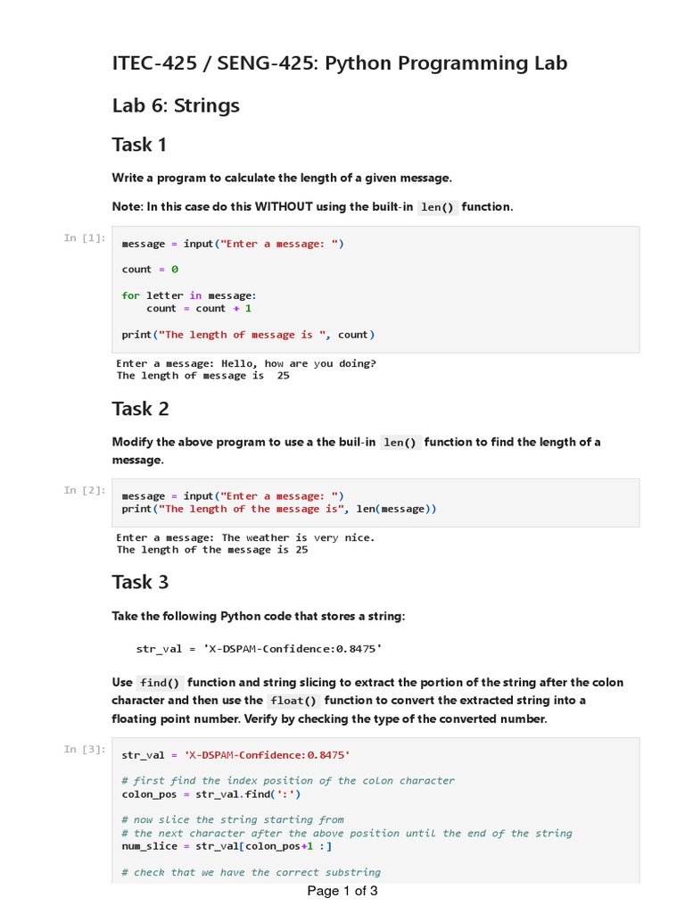 Itec 425 Seng 425 Python Programming Lab Lab 6 Strings Task 1 Pdf String Computer 9809