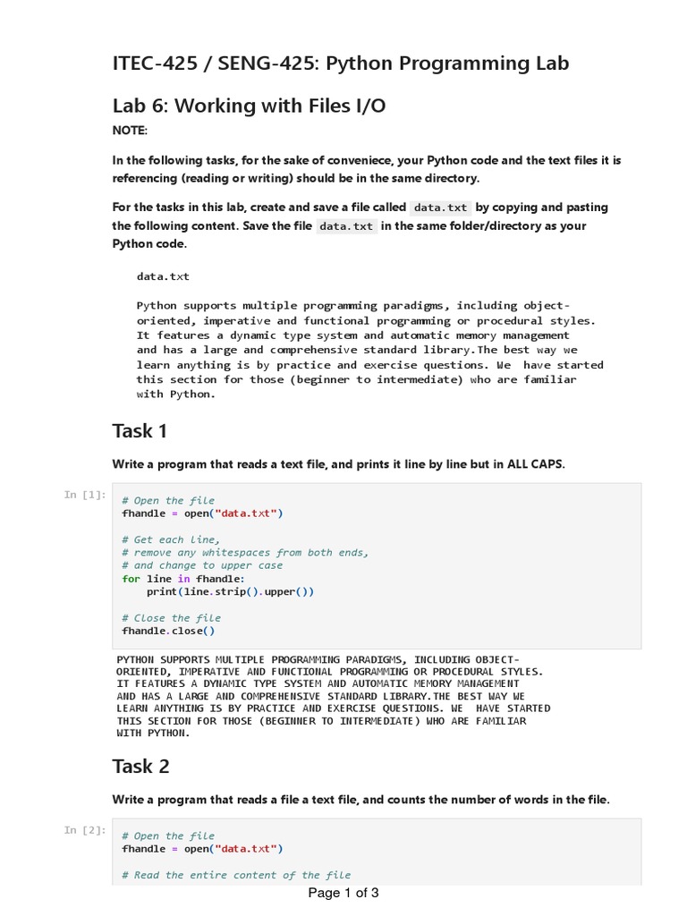 ITEC-425 / SENG-425: Python Programming Lab Lab 6: Working With Files I/O | PDF | Python ...