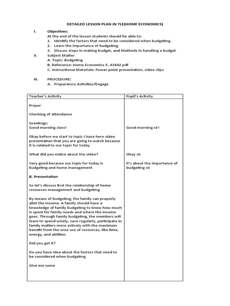 Detailed Lesson Plan in Tle (Home Economics) I. Objectives | PDF ...