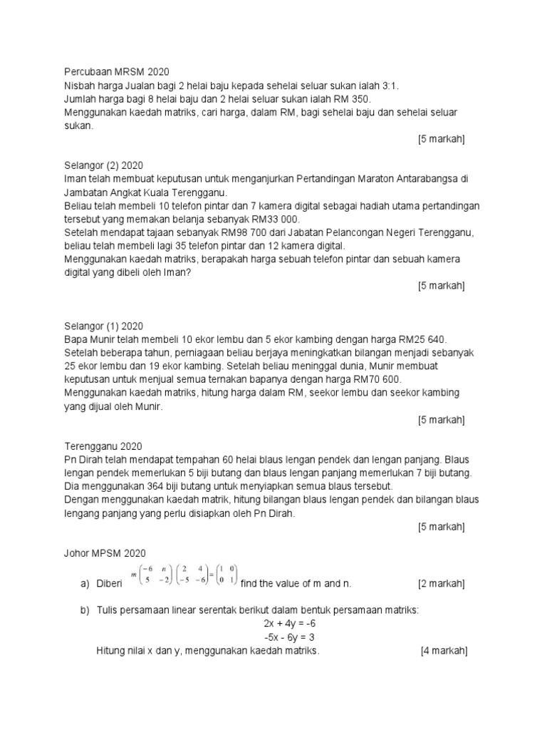 Kertas Percubaan 2020 (Matriks) | PDF