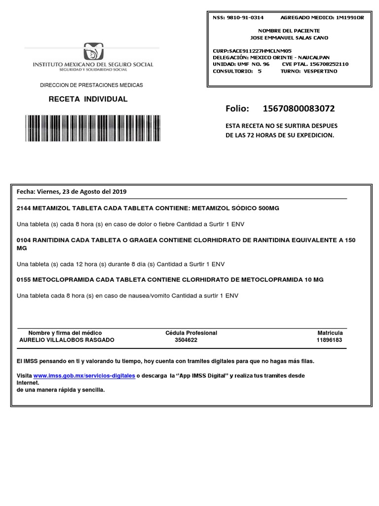 Receta Médica IMSS: Metoclopramida y Metamizol | PDF