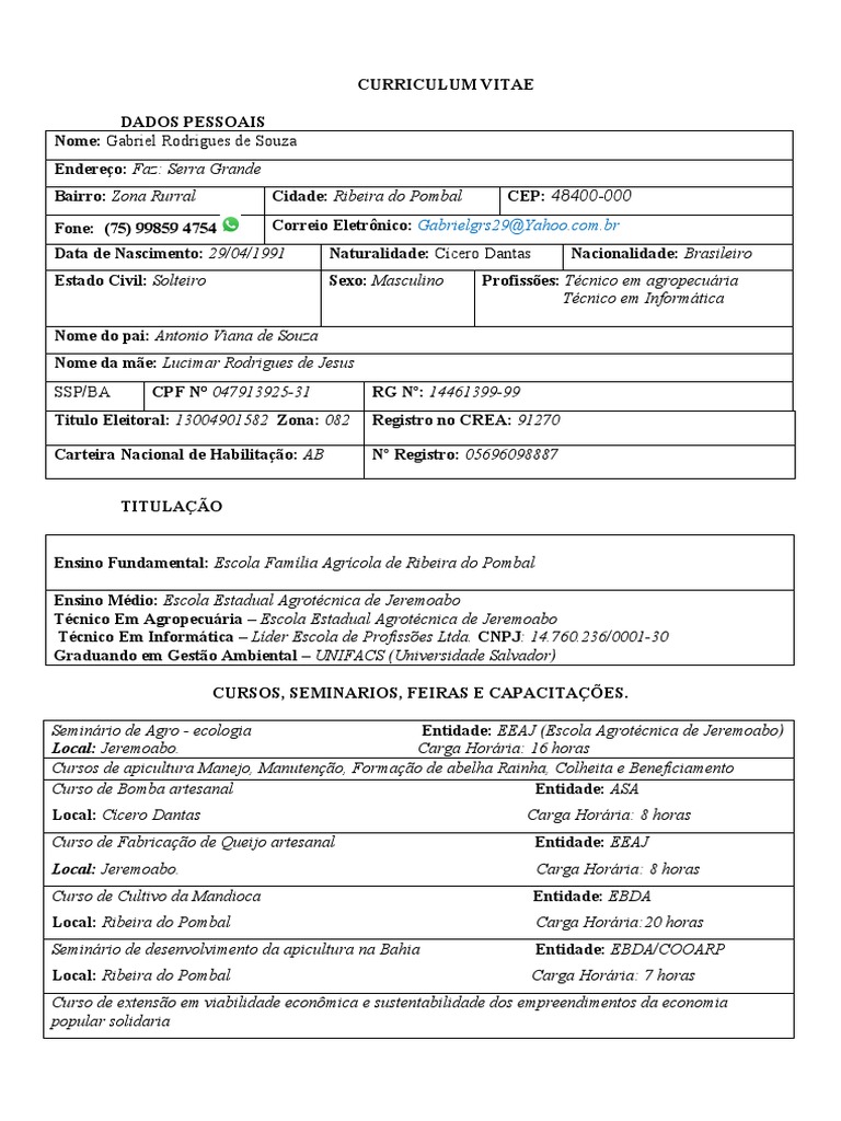 CURRICULUM VITAE Gabriel 2 Atualizado | PDF | Agricultura | Escolas