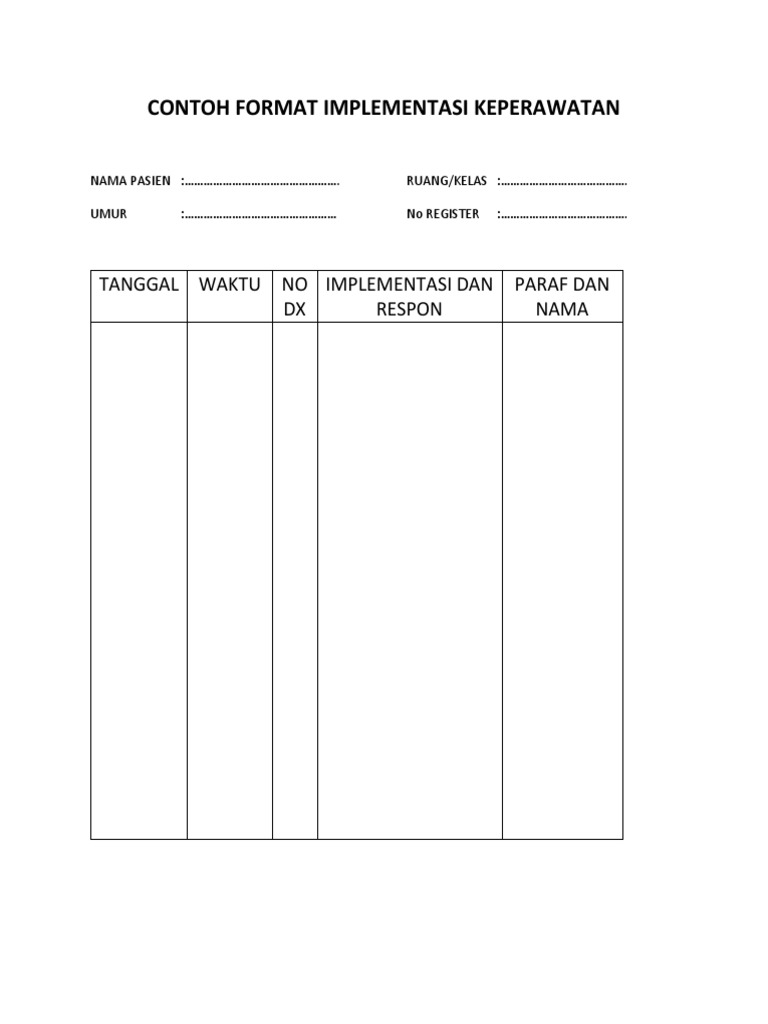 Contoh Format Implementasi Keperawatan | PDF | Karier & Perkembangan | Teknologi & Rekayasa