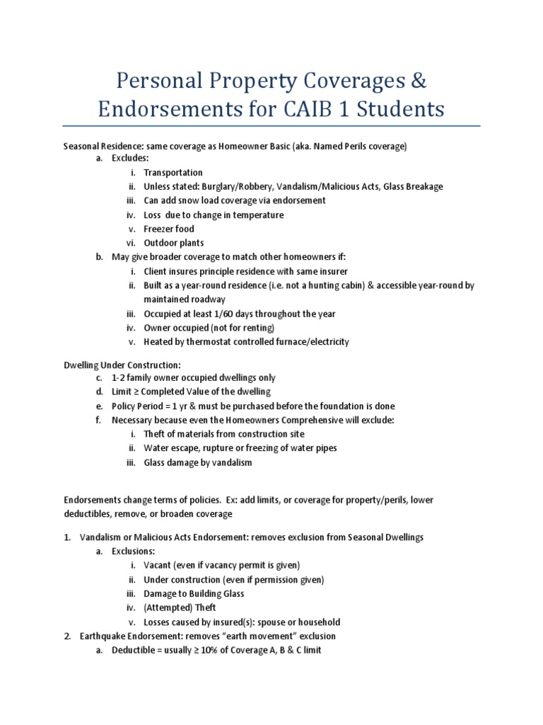 CAIB 1 Personal Property Endorsements | PDF | Home Insurance | Insurance