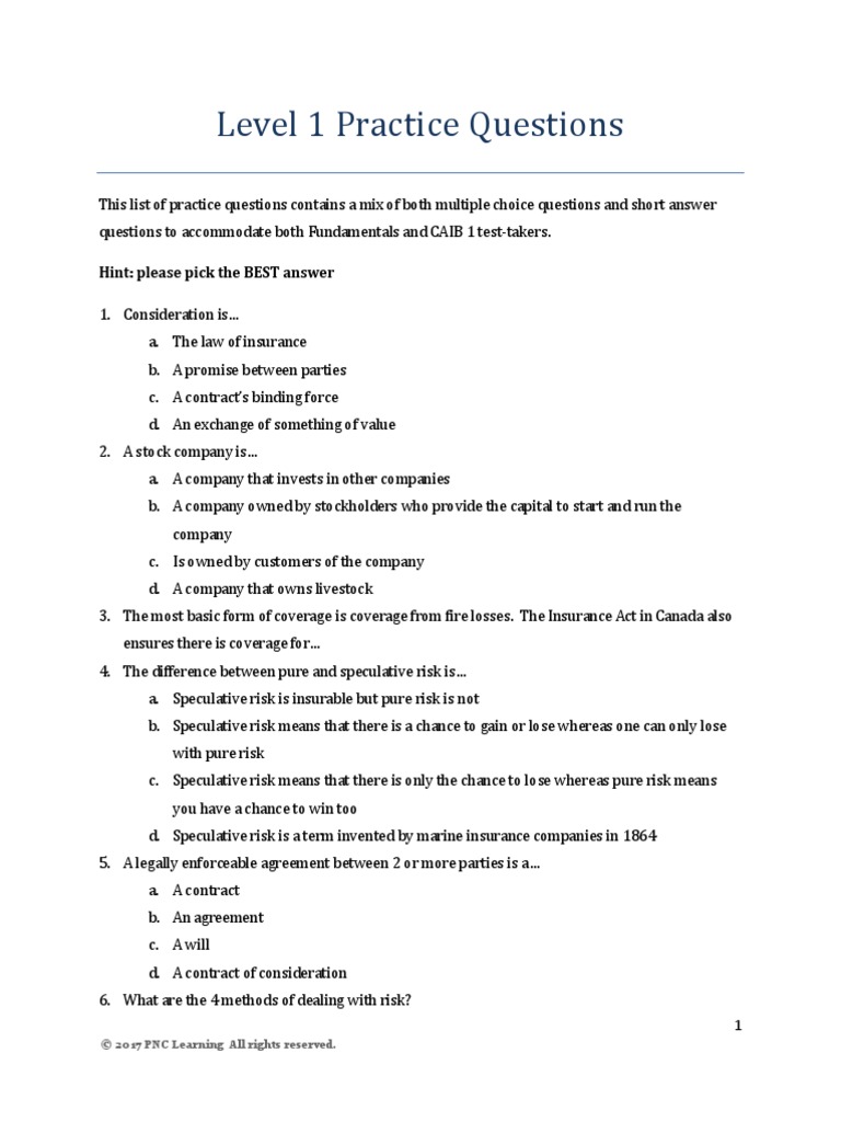 Level 1 Practice Questions: © 2017 PNC Learning All Rights Reserved ...