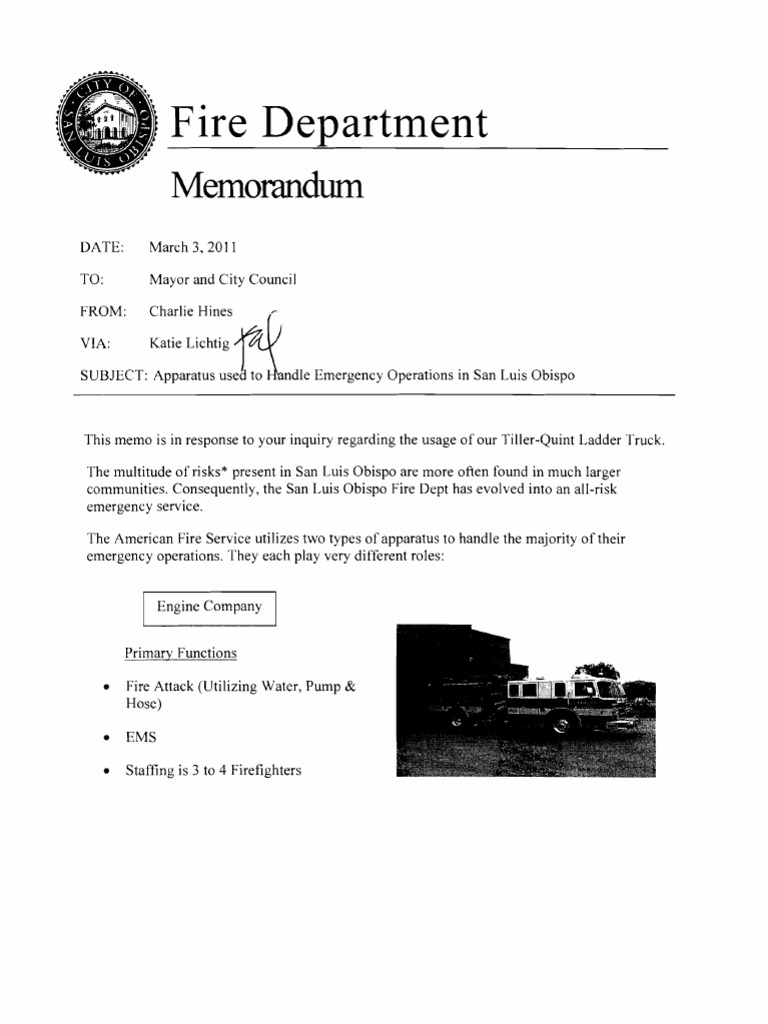 Tiller Truck Memo | PDF | Fire Engine | Firefighter