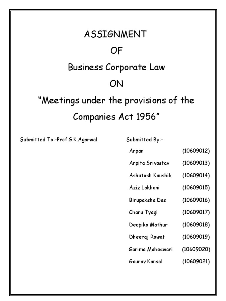 Assignment OF Business Corporate Law ON "Meetings Under The Provisions ...