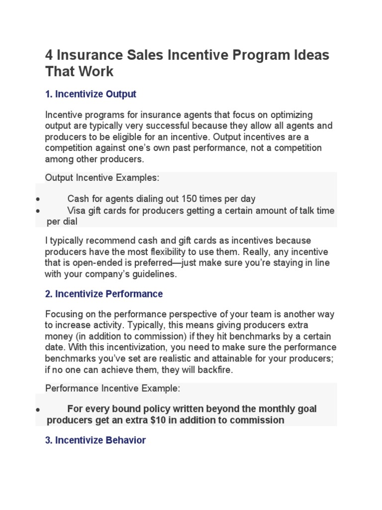4 Insurance Sales Incentive Program Ideas That Work | PDF | Incentive ...