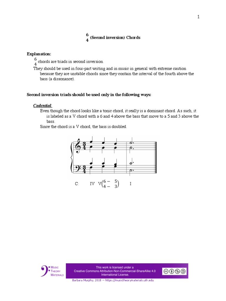 Second Inversion Chords Cadential Pdf Chord Music Elements