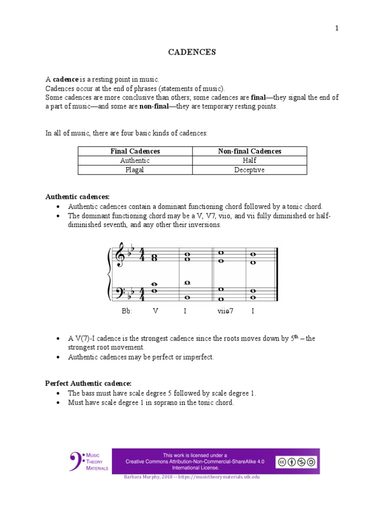 Cadences: Final Cadences Non-Final Cadences | Descargar gratis PDF | Chord (Music) | Music Theory