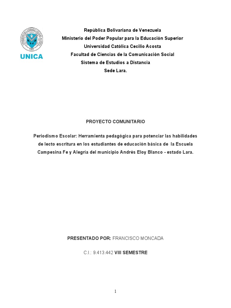Proyecto de Servicio Comunitario | PDF | Educación primaria | Aprendizaje