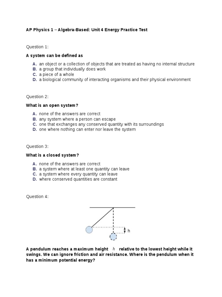 AP Physics 1 Practice Test: Energy Transformations and Conservation ...