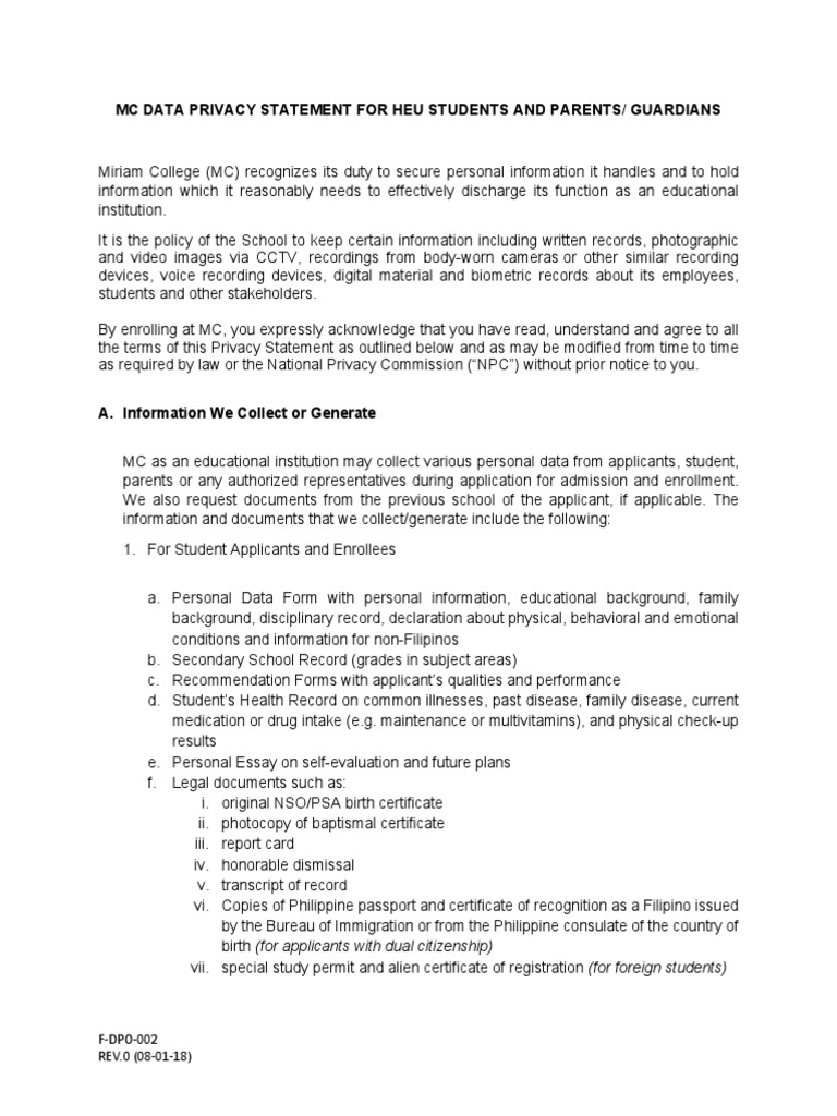 MC DATA PRIVACY STATEMENT FOR HEU STUDENTS AND PARENTS - ISO - Fillable ...