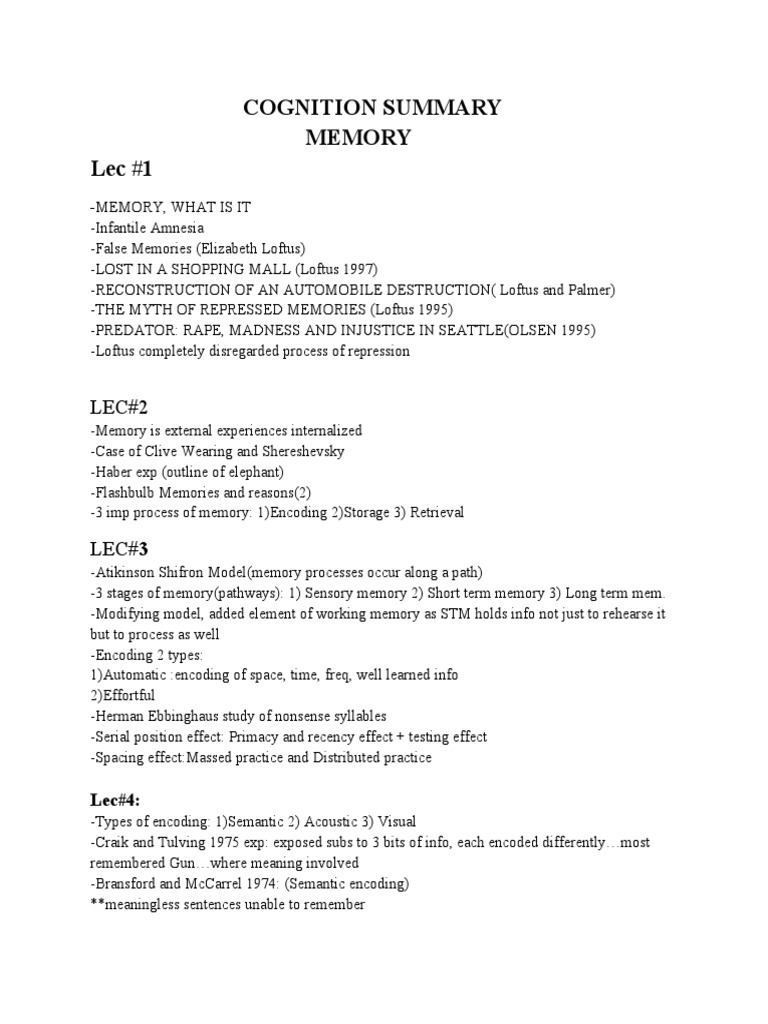 Cognition Summary Memory Psy-125 | PDF | Memory | Recall (Memory)