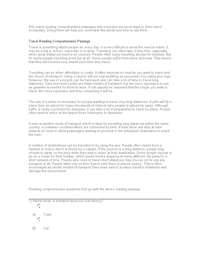 ESL Travel Reading Comprehension Passages and Exercises Are Good Ways ...