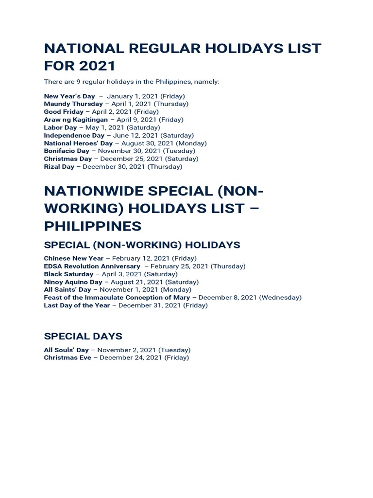 National Regular Holidays List For 2021 | PDF | Public Holiday | Labor