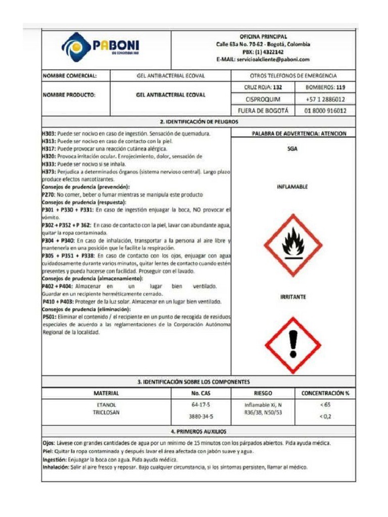 Hoja de Seguridad Gel Ecoval | PDF