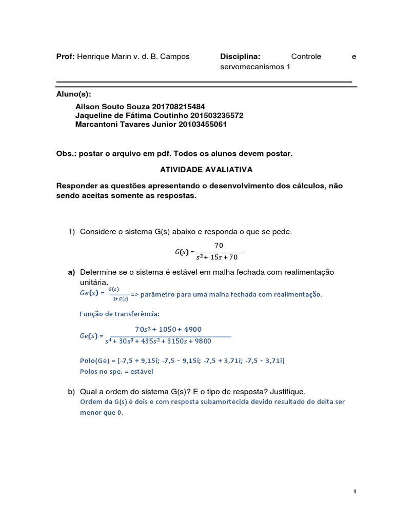 Atividade - Controle Av2 1 | PDF | Ciência de Sistemas | Engenharia Elétrica
