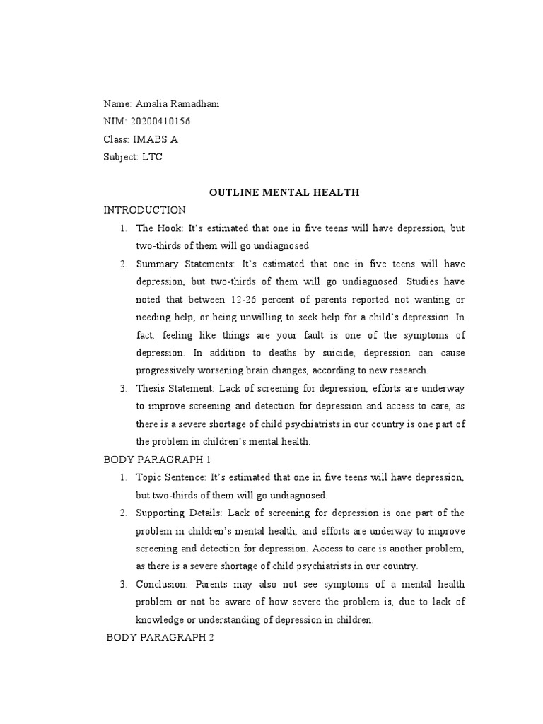 Outline Mental Health | PDF | Major Depressive Disorder | Mental Health