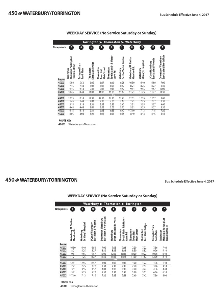 450 Waterbury/Torrington: WEEKDAY SERVICE (No Service Saturday or ...