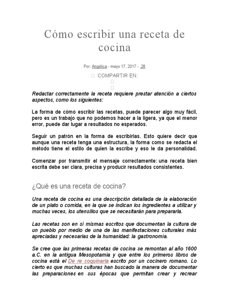 Guía - Cómo Escribir Una Receta de Cocina | PDF | Receta | Cocinando