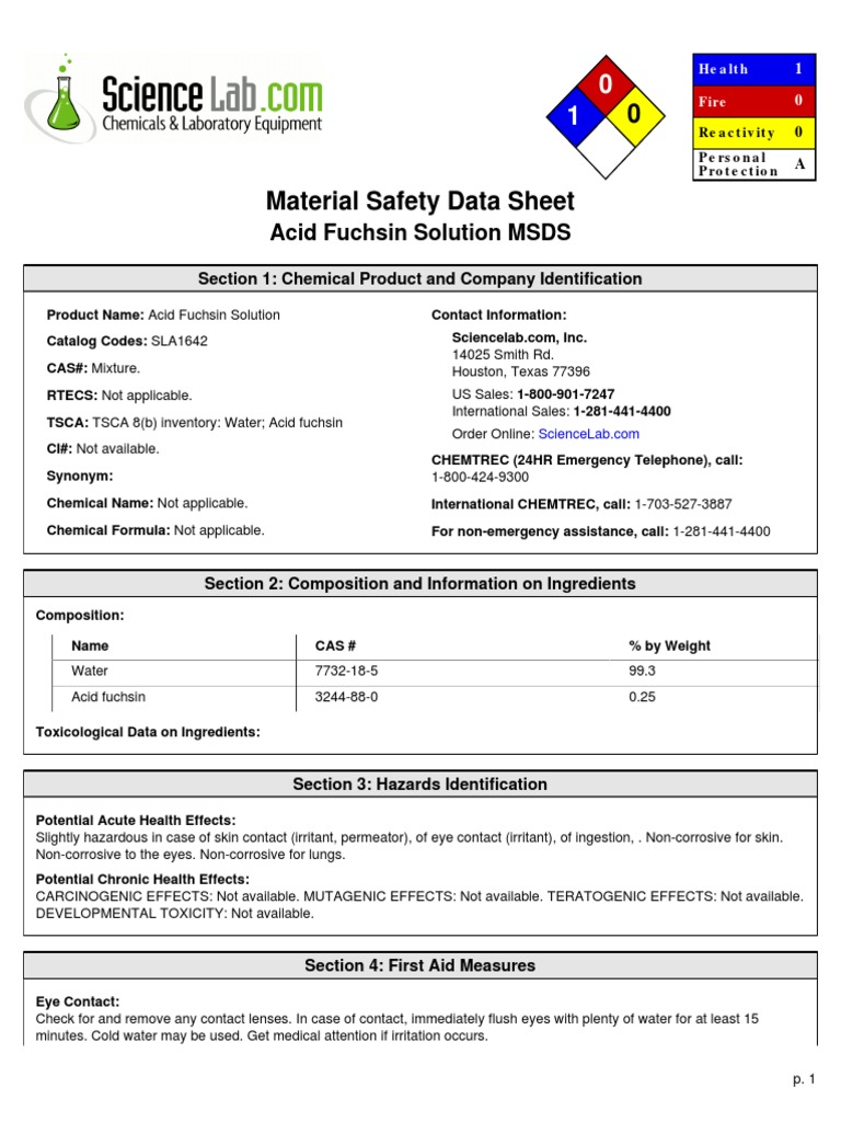Msds Acid Fuchsin Solution (Acyd HD) | PDF | Toxicity | Water