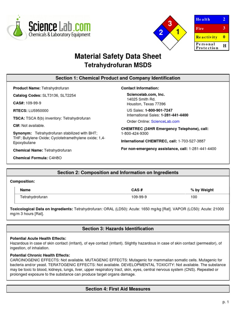 Tetrahydrofuran MSDS Overview | PDF | Dangerous Goods | Toxicity