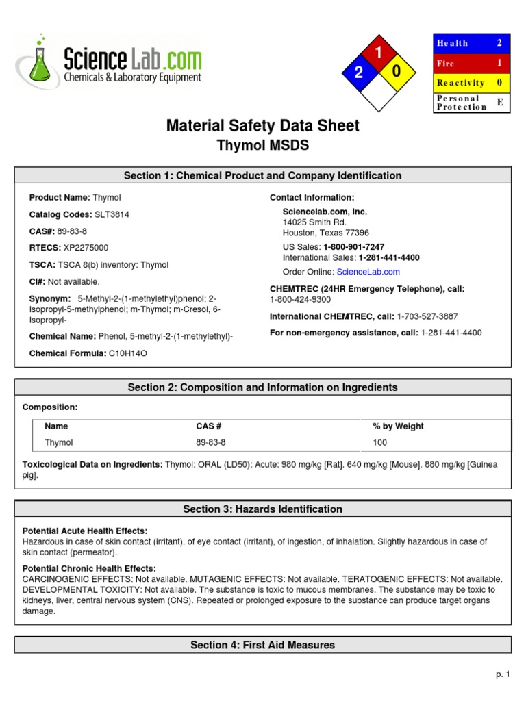 Msds Thymol (Thymol) | PDF | Toxicity | Personal Protective Equipment
