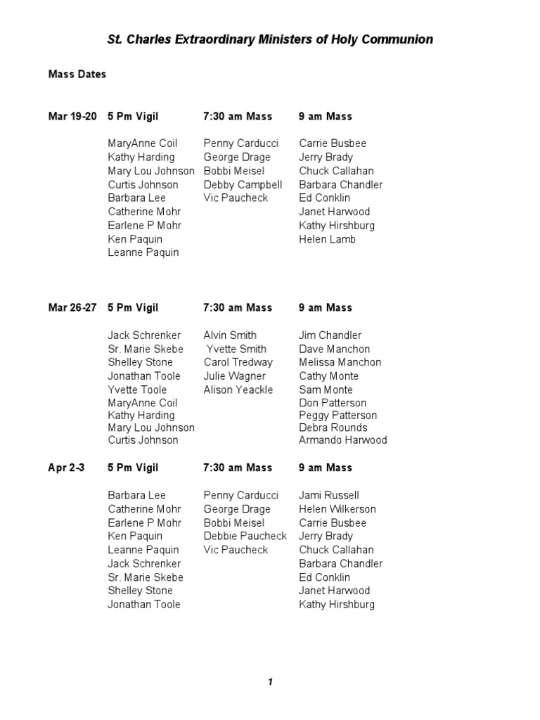 St. Charles Communion Ministers Schedule | PDF | Religion & Spirituality