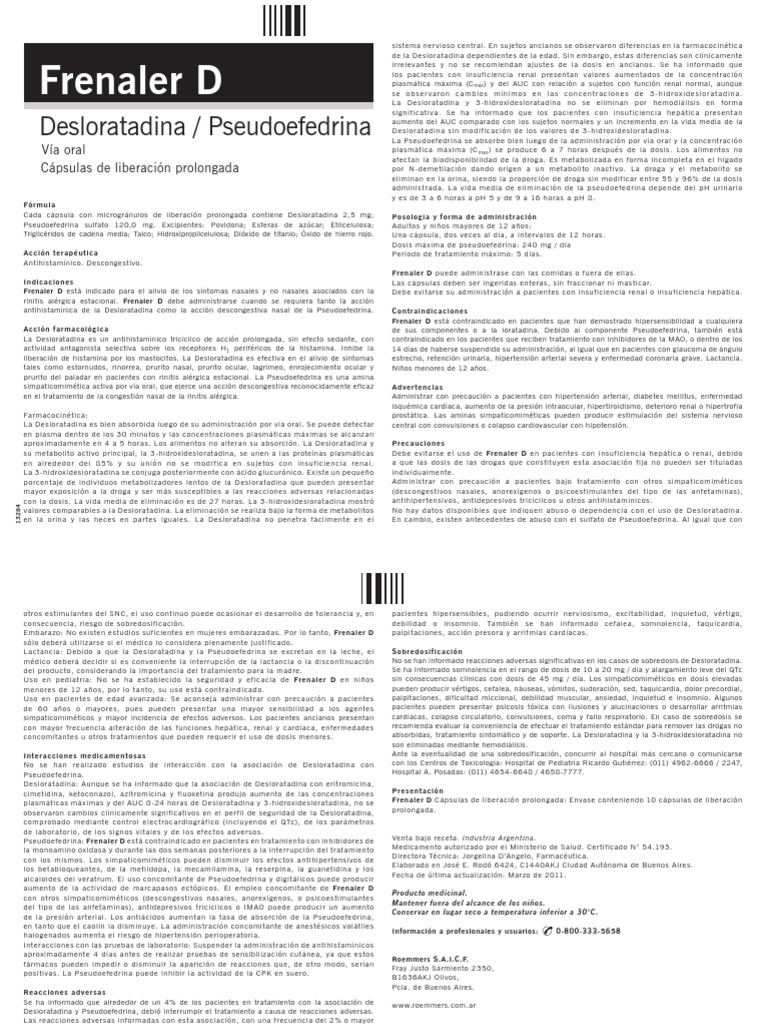 Frenaler D: Desloratadina / Pseudoefedrina | PDF | Tratamientos médicos ...