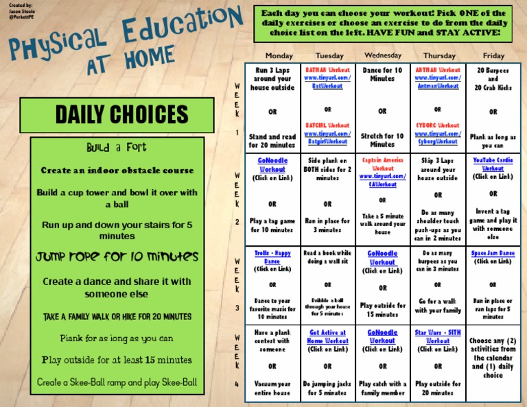 Monthly PE at Home Calendar Jason | PDF | Physical Exercise | Recreation