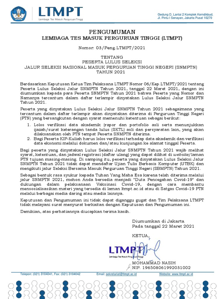 Pengumuman Lulus SNMPTN 2021 | PDF