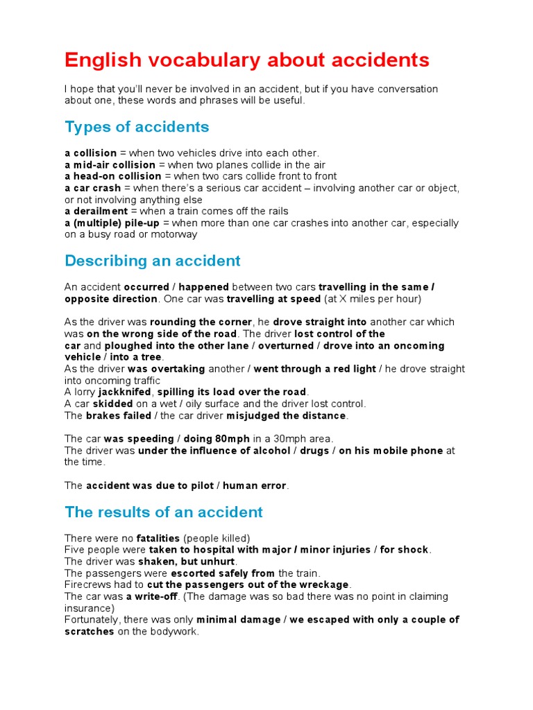 English Vocabulary About Accidents | PDF | Wedding | Traffic Collision