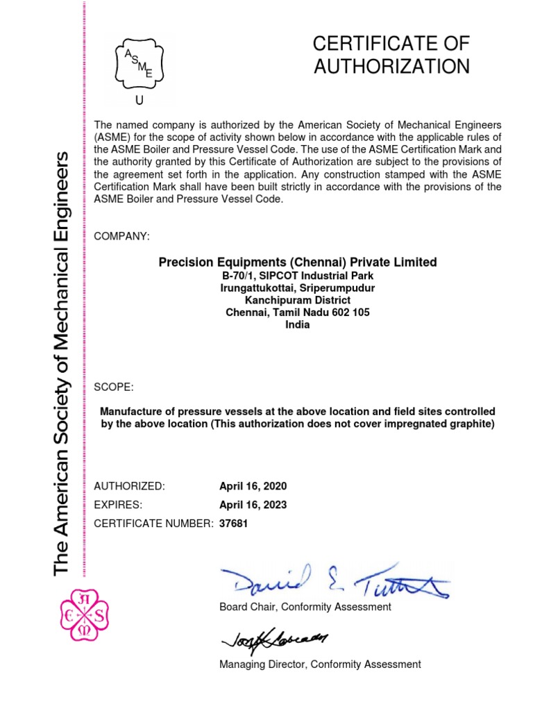 Certificate of Authorization: Precision Equipments (Chennai) Private ...