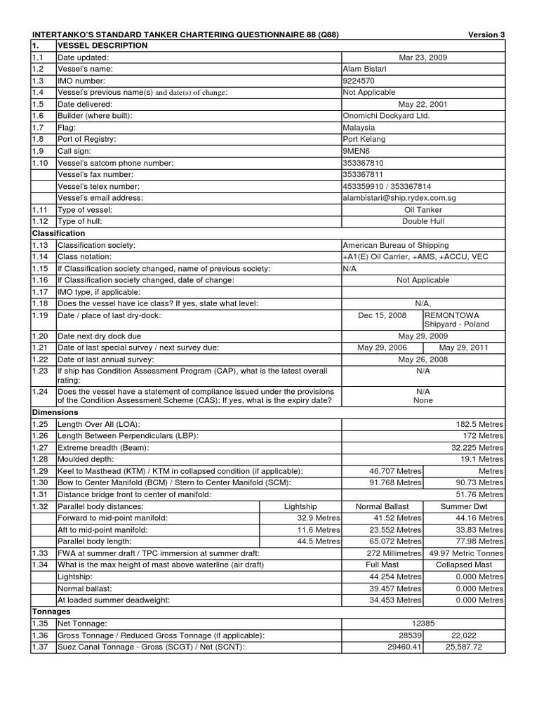 Intertanko'S Standard Tanker Chartering Questionnaire 88 (Q88) 1 ...