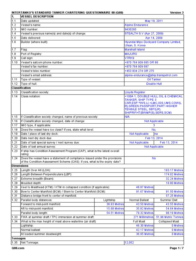 Q88 Standard Tanker Questionnaire Summary | PDF | Tonnage | Oil Tanker