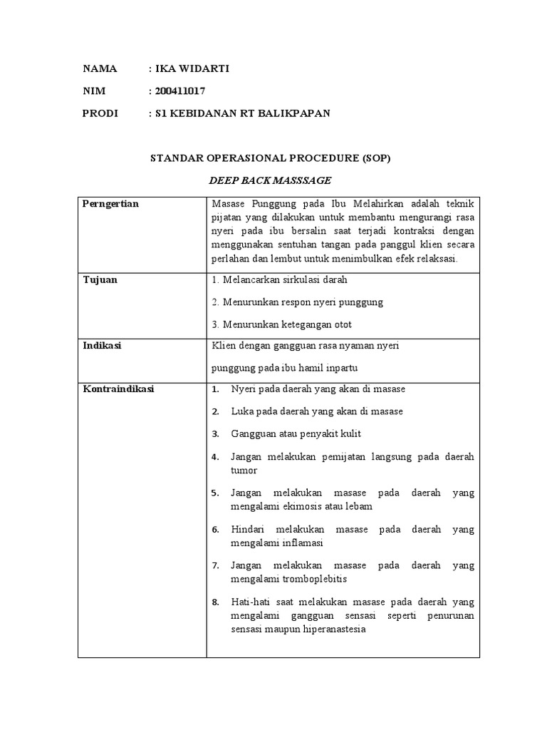 STANDAR OPERASIONAL PROCEDURE Back Massage | PDF