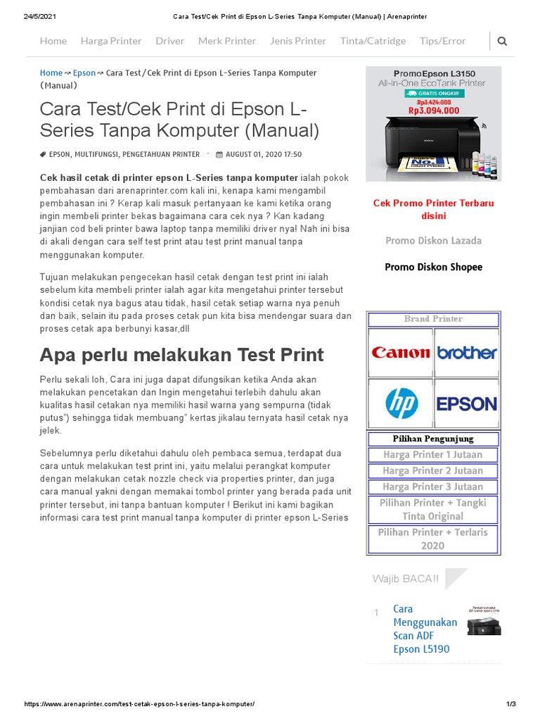 Cara Test Print Manual Epson L-Series | PDF